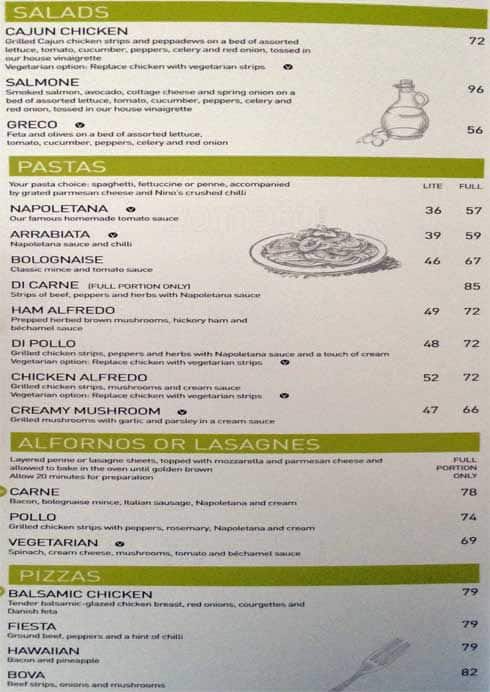 Menu au Nino's Douglasdale restaurant, Johannesburg