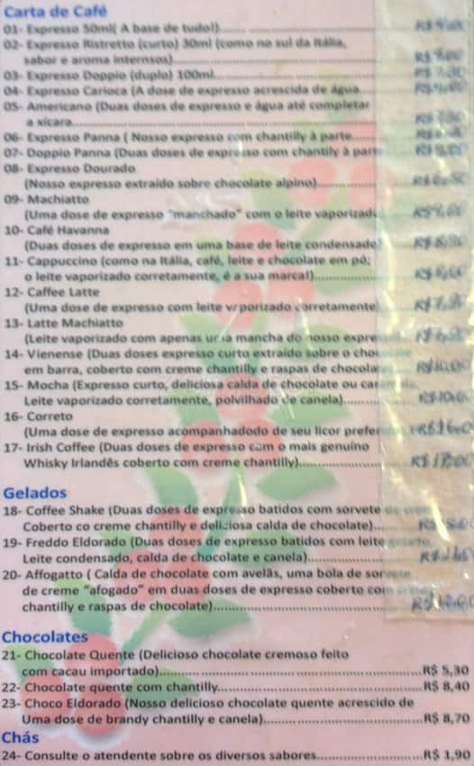 Menu em Café Eldorado, Brasília, SDS