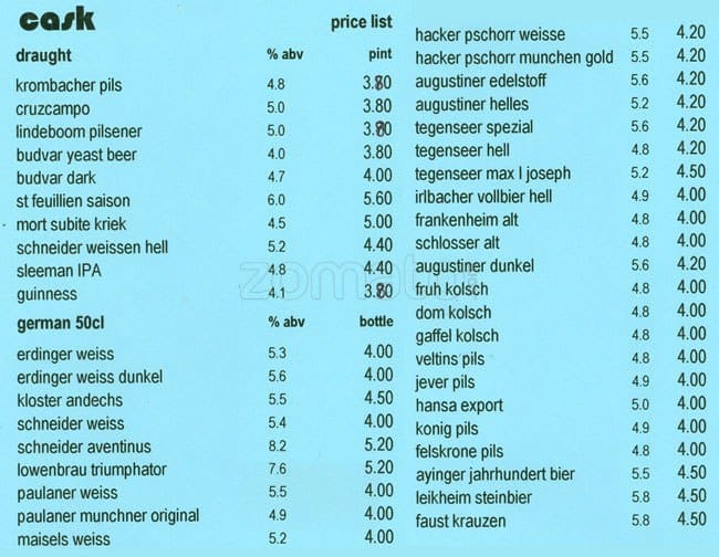 Menu at cask pub & bar, Manchester, 29 Liverpool Rd