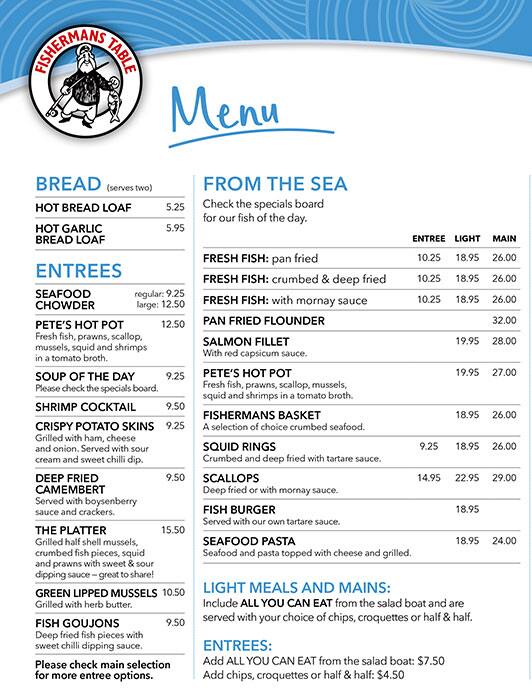 Menu at Fishermans Table Restaurant, Paekakariki