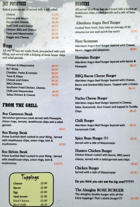 Menu at Black Rose Tavern pub & bar, Edinburgh