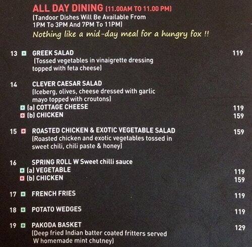 Menu at Red Fox Hotel, Jaipur, Jaipur, Jawahar Lal Nehru Marg