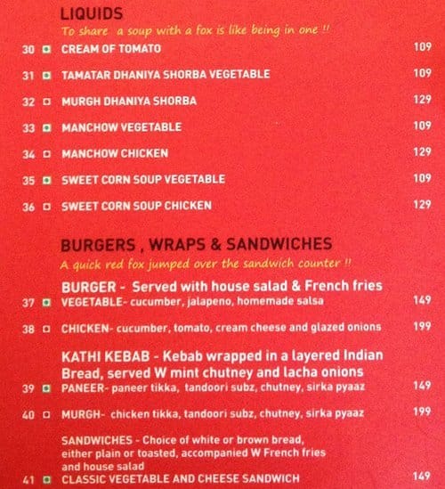 Menu at Red Fox Hotel, Jaipur, Jaipur, Jawahar Lal Nehru Marg