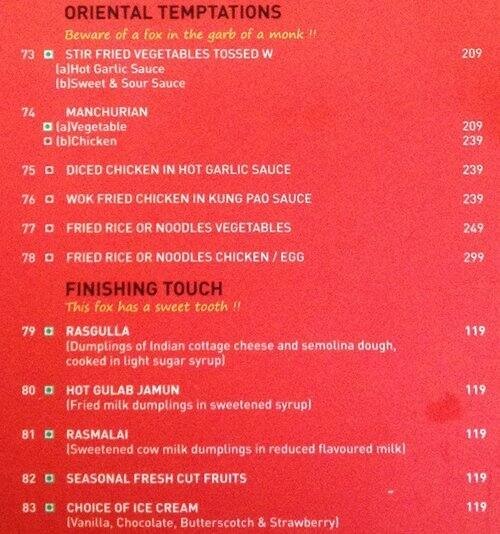 Menu at Red Fox Hotel, Jaipur, Jaipur, Jawahar Lal Nehru Marg