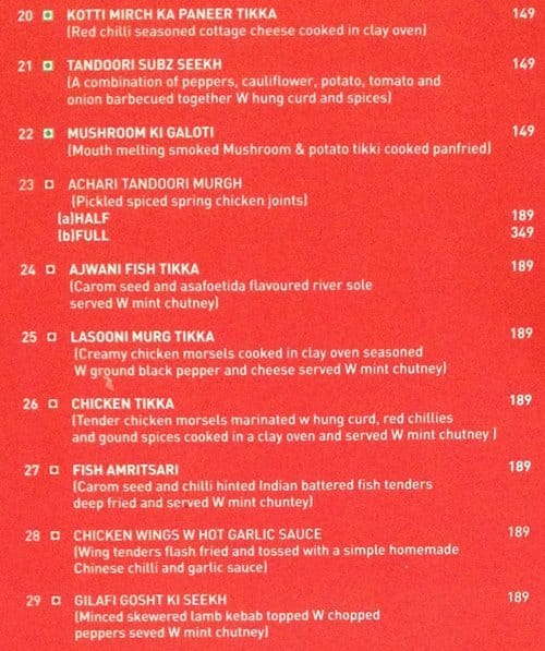 Menu at Red Fox Hotel, Jaipur, Jaipur, Jawahar Lal Nehru Marg