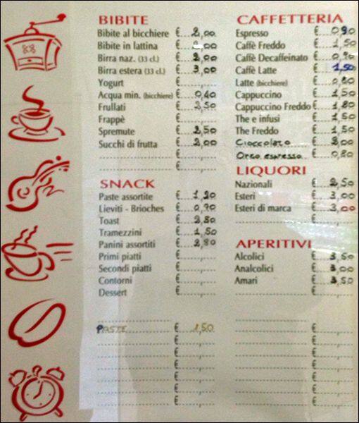 Menu at Caffè Nizza cafe, Rome
