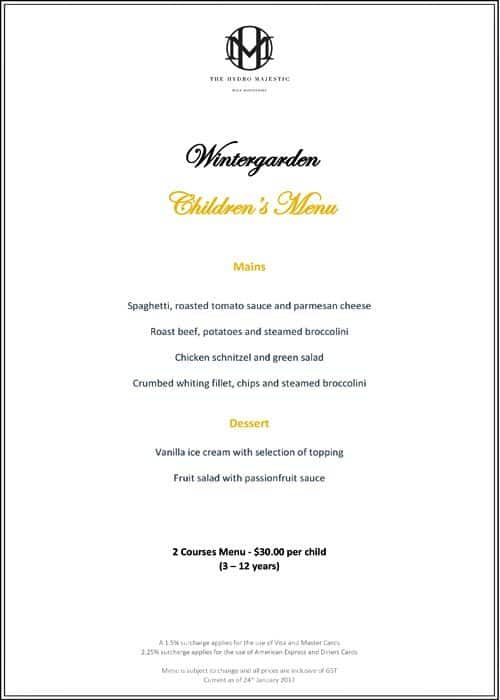 Menu at The Wintergarden Restaurant at Hydro Majestic Blue Mountains ...