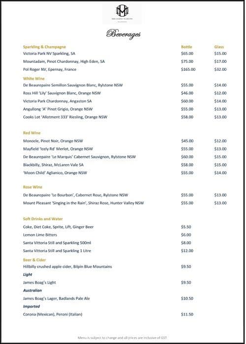 Menu at The Wintergarden Restaurant at Hydro Majestic Blue Mountains ...