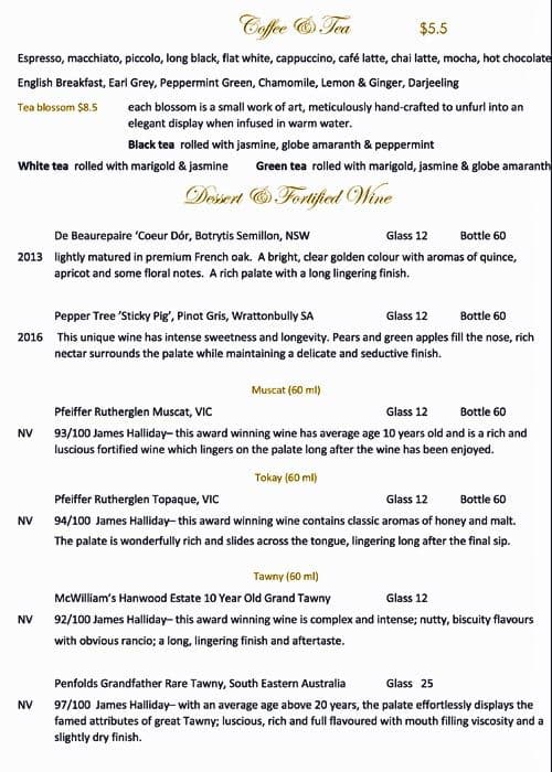 Menu at The Wintergarden Restaurant at Hydro Majestic Blue Mountains ...