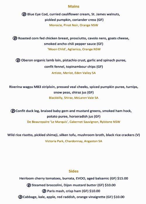 Menu at The Wintergarden Restaurant at Hydro Majestic Blue Mountains ...