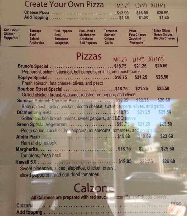 Menu at Bruno's Pizzeria, San Francisco