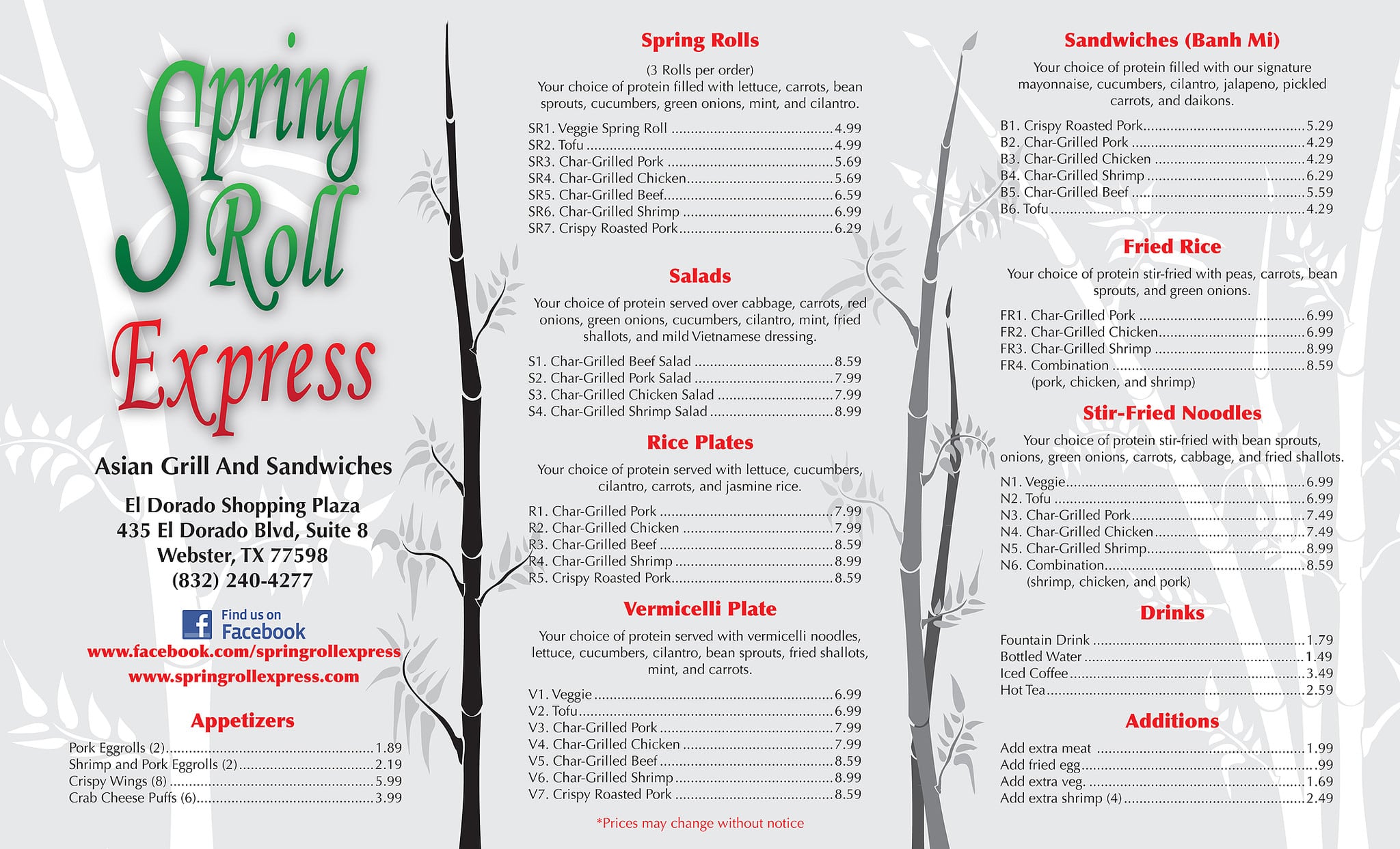 Menu at Spring Roll Express restaurant, Webster