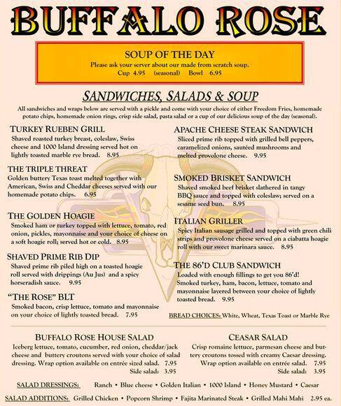 Menu at Buffalo Rose restaurant, Golden
