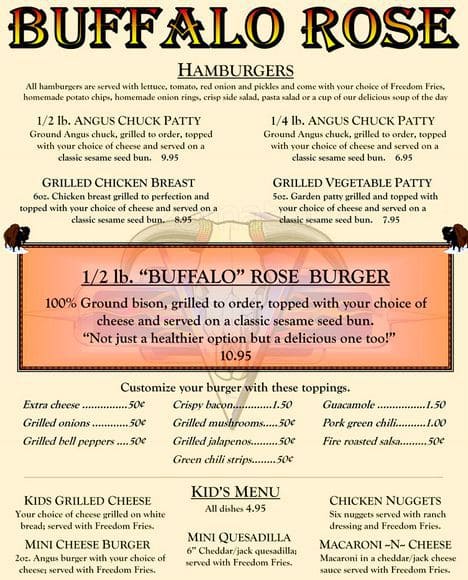 Menu at Buffalo Rose restaurant, Golden