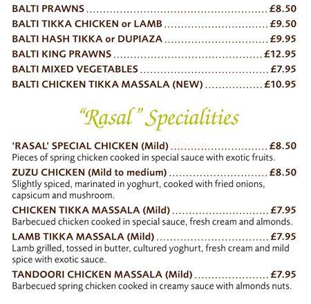 Menu at Rasal Restaurant, Rickmansworth