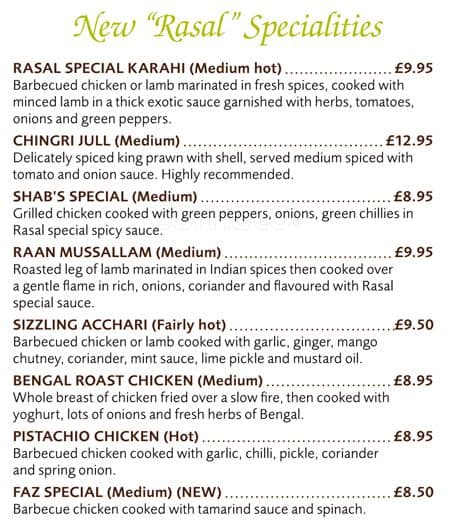 Menu at Rasal Restaurant, Rickmansworth