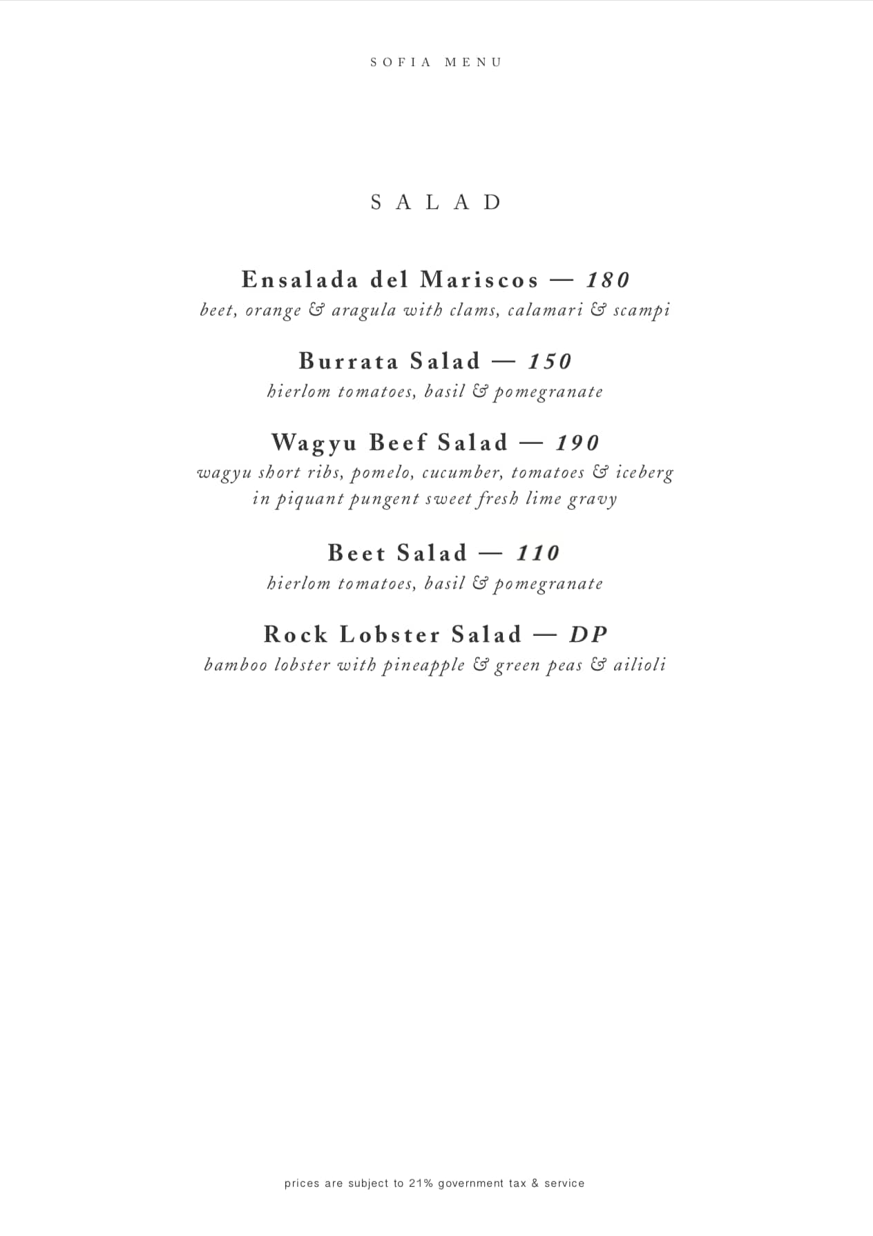 Menu at Sofia At The Gunawarman restaurant, Jakarta