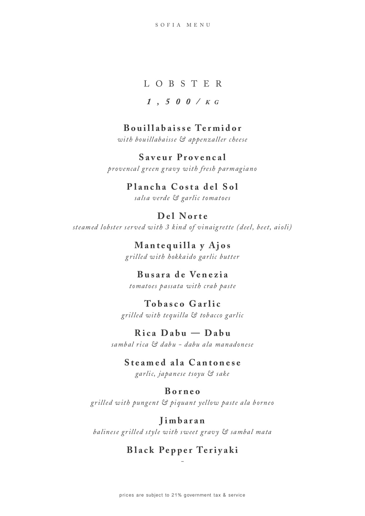 Menu at Sofia At The Gunawarman restaurant, Jakarta