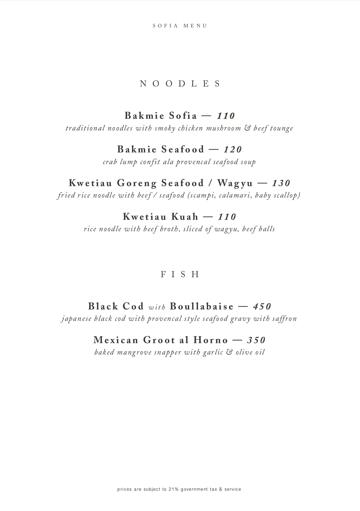 Menu at Sofia At The Gunawarman restaurant, Jakarta