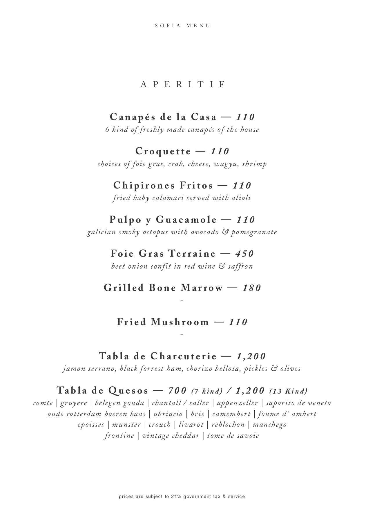 Menu at Sofia At The Gunawarman restaurant, Jakarta