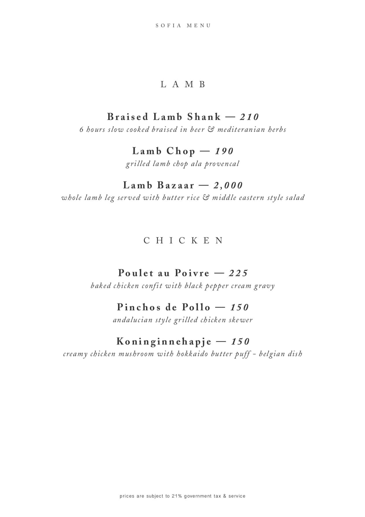 Menu at Sofia At The Gunawarman restaurant, Jakarta