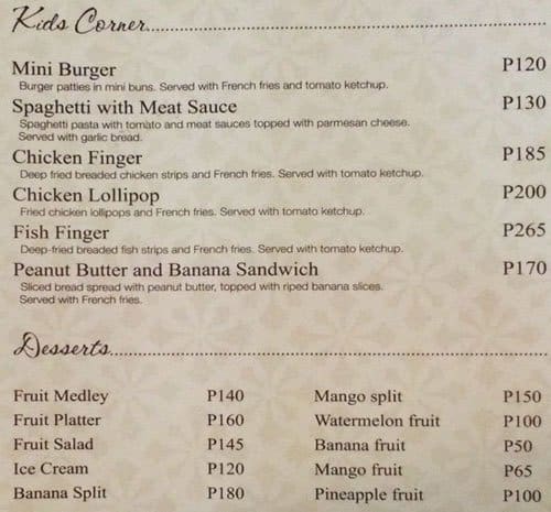 Menu at La Terraza restaurant, Cebu City, Ground Floor