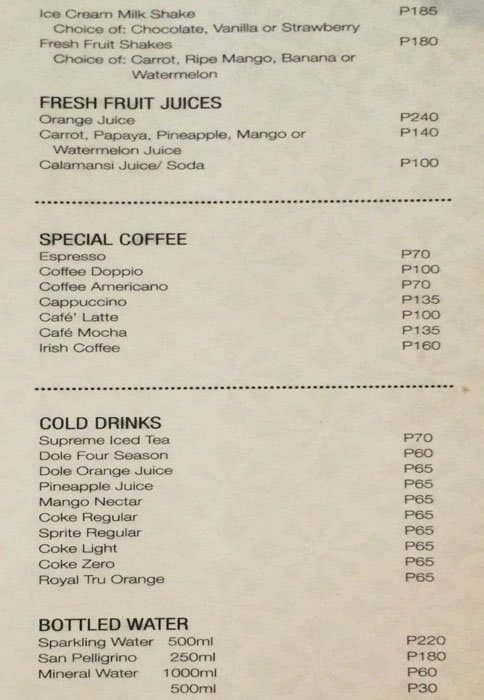 Menu at La Terraza restaurant, Cebu City, Ground Floor