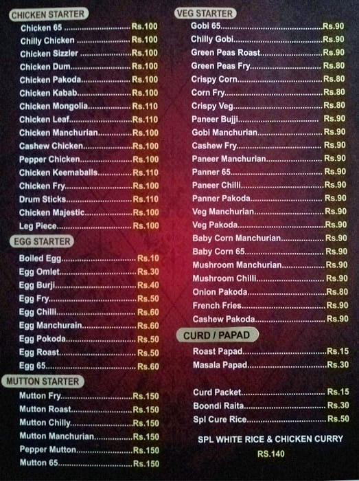 Menu at Andhra Spice Multicuisine Restaurant, Vellore