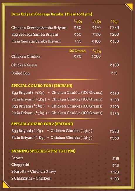 Menu at Biryani Factory, Madurai