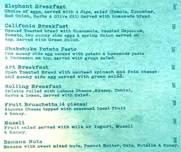 Menu of Elephant Beach Cafe, Anjuna, Goa