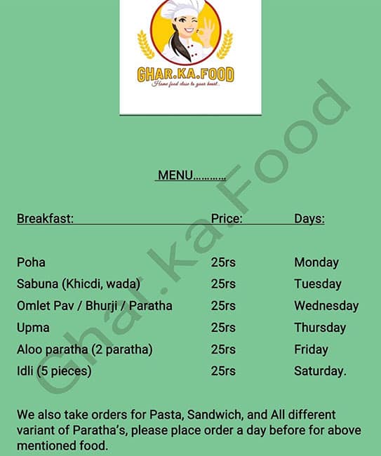 Menu of Ghar Ka Food, Khar, Mumbai