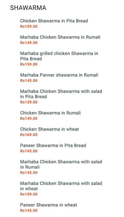 Menu of Marhaba Shawarma, Kukatpally, Hyderabad