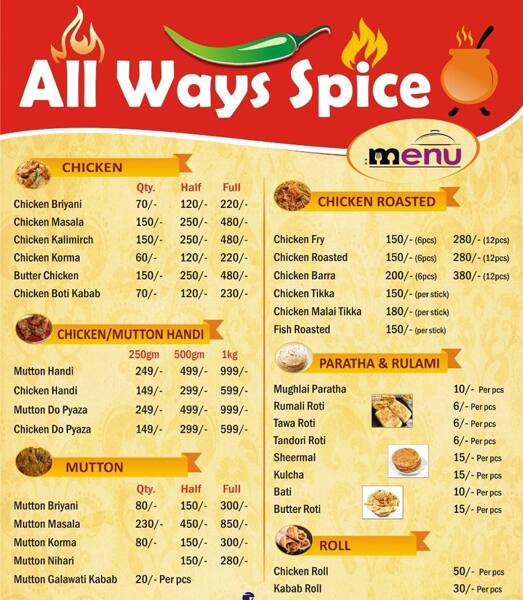 Menu of All Ways Spice, Indira Nagar, Lucknow