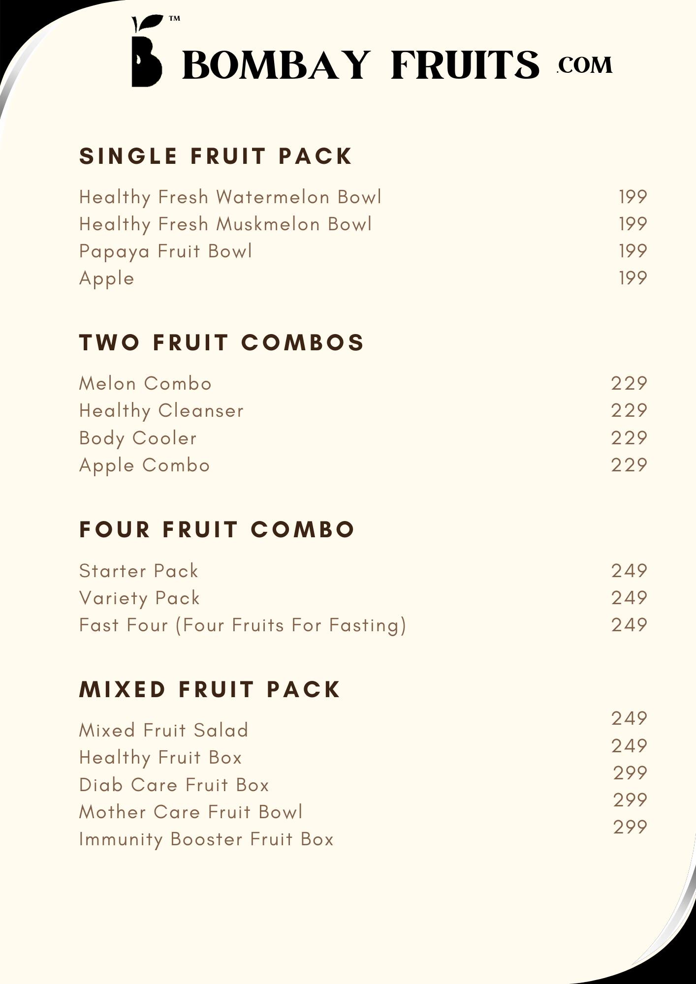Menu of Bombay Fruits, Bandra Kurla Complex, Mumbai