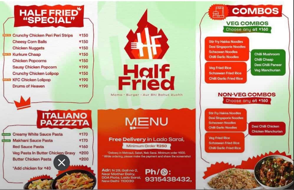 Menu of Half Fried, Lado Sarai, New Delhi