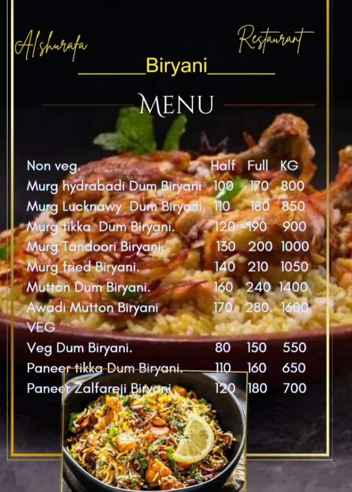 Menu of Al Shurafa Restaurant, Wagholi, Pune