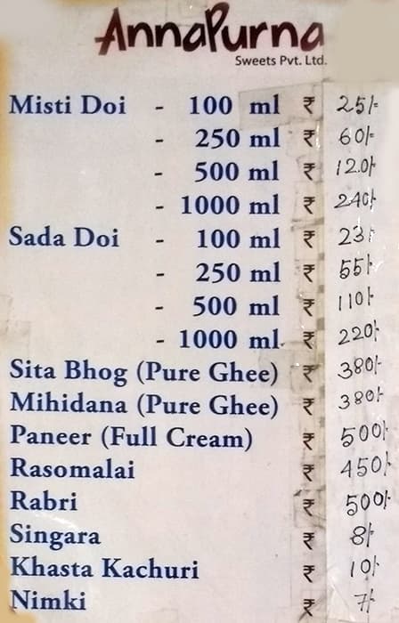 Menu at Annapurna, Kolkata, HCX7+HHH