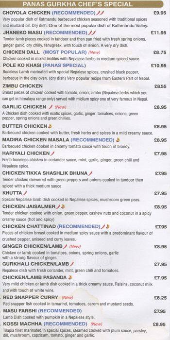 Carta de Panas Gurkha Restaurant, Londres