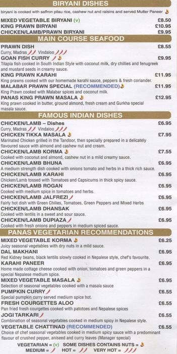 Carta de Panas Gurkha Restaurant, Londres