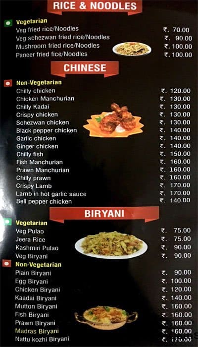 Menu at Biriyani Shop, Chennai, 364C+25J