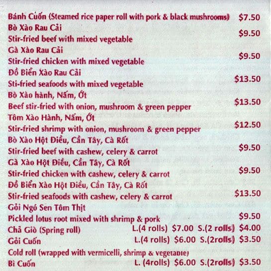 Menu at Bun Saigon Vietnamese Restaurant, Toronto