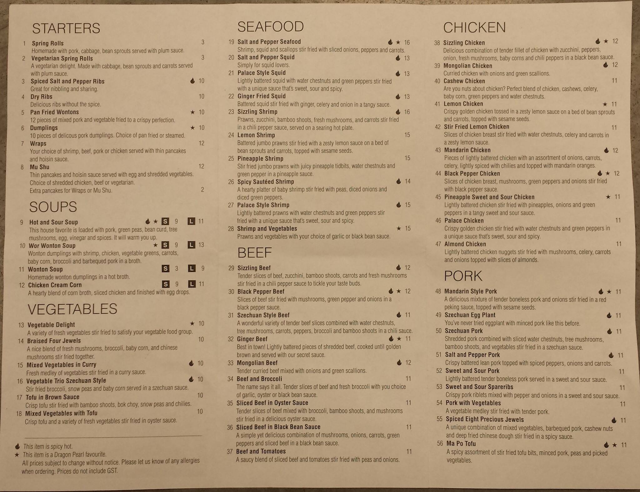 Menu at Dragon Pearl Restaurant, Calgary