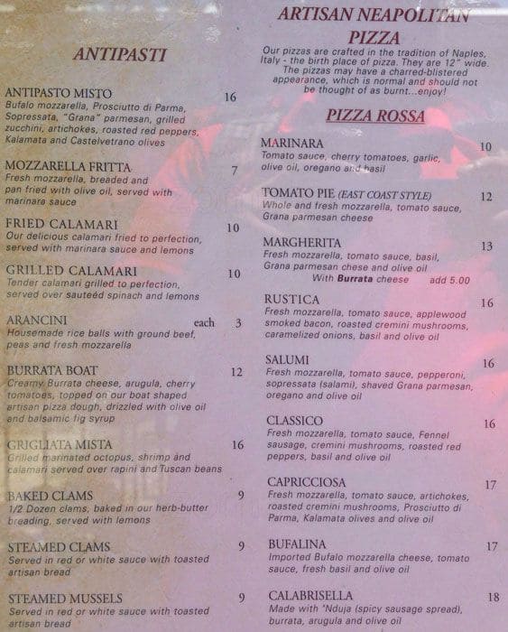 Menu at Pizzaiolo pizzeria, Chicago