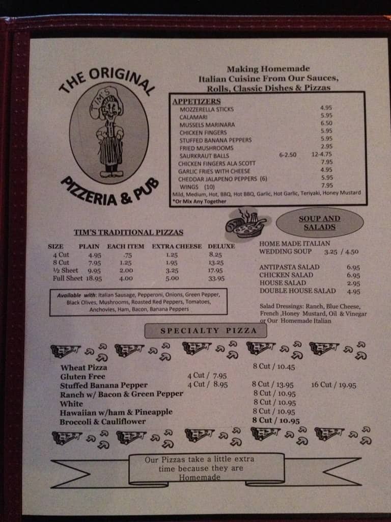 Menu at Tim's Pizzeria And Pub, Cuyahoga Falls