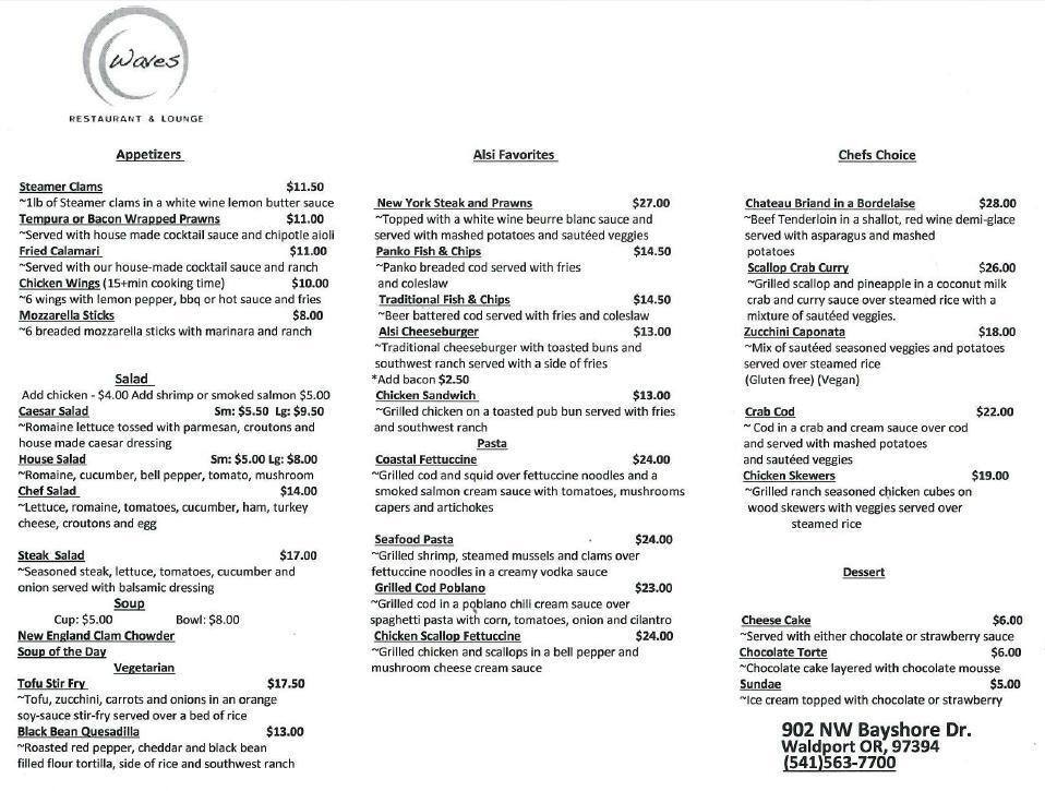 Menu at Waves Restaurant & Lounge, Waldport
