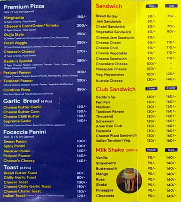 Menu of Daddu's pizza, Satellite, Ahmedabad