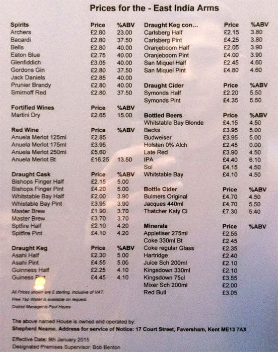 Menu at East India Arms pub & bar, London, 67 Fenchurch St