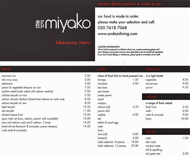 Menu at Miyako at Andaz restaurant, London