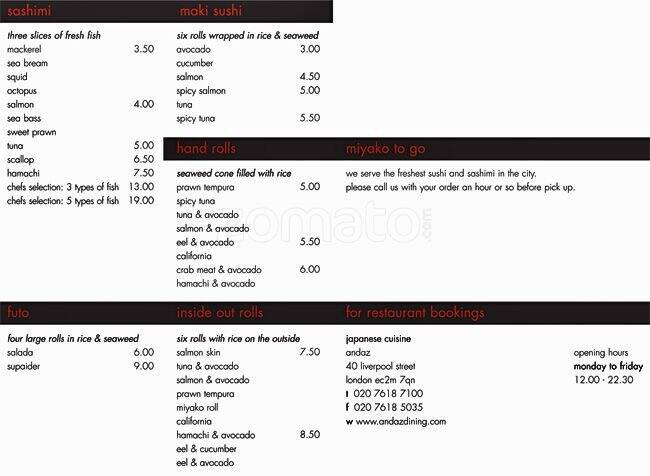 Menu at Miyako at Andaz restaurant, London