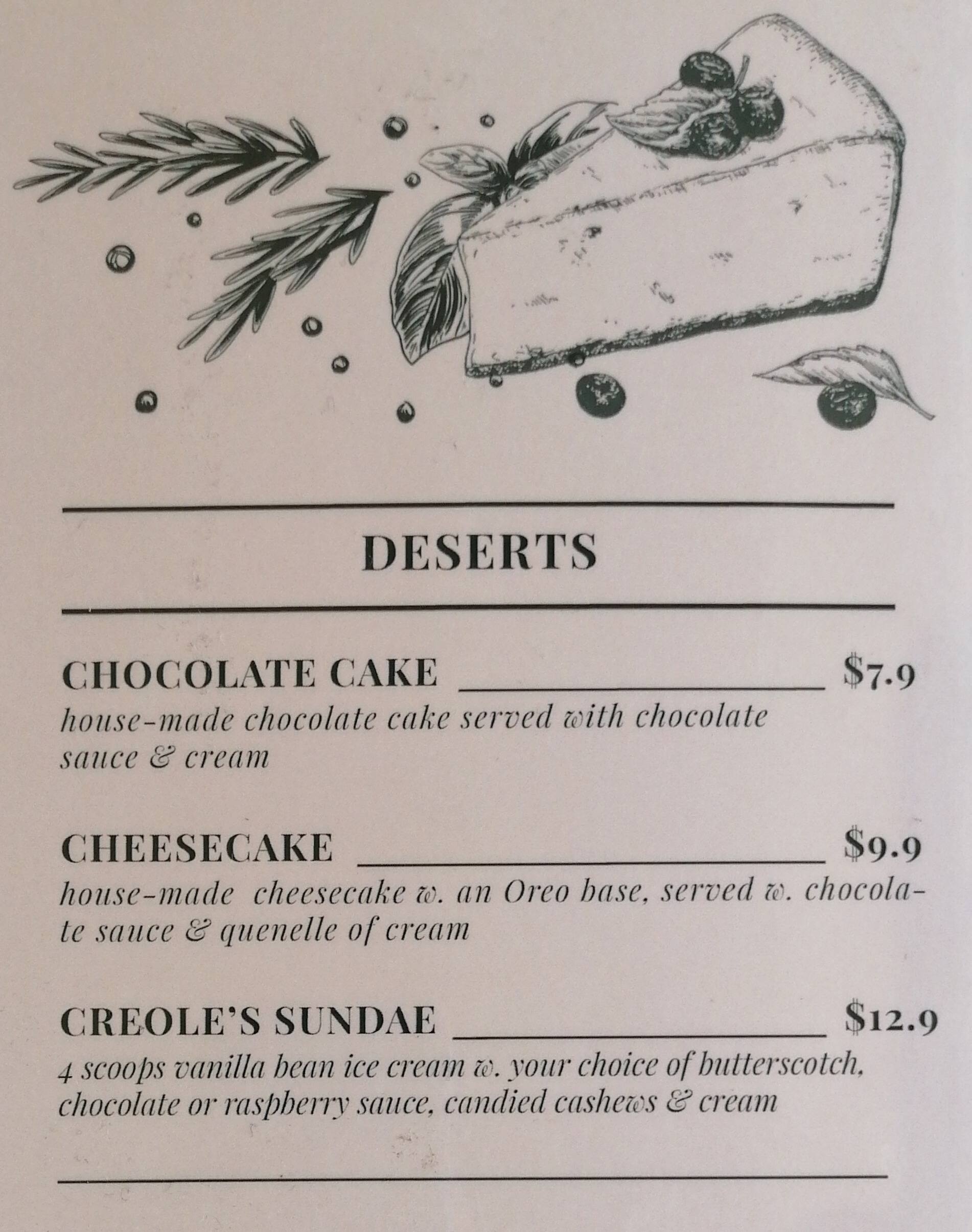 Menu at Creole's Bar & Cafe, Auckland